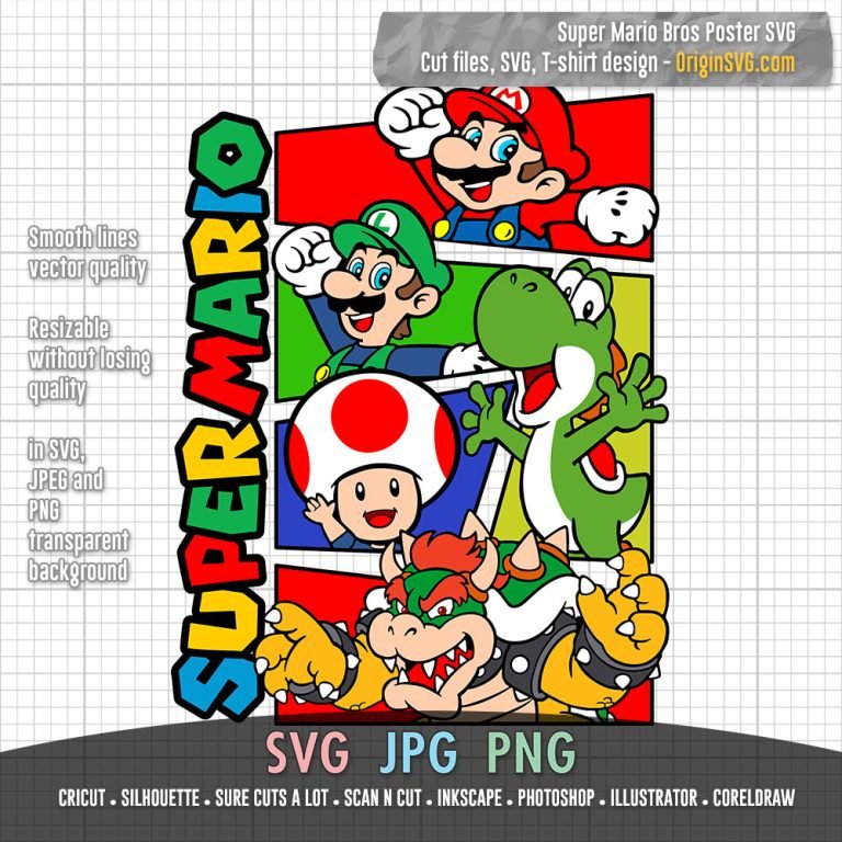 Super Mario Poster – Mario Luigi Toad Yoshi Bowser SVG – Origin SVG Art